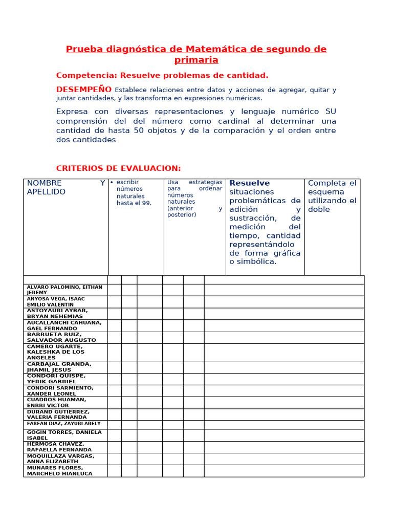 Prueba Diagnóstica Matemática 2° Grado | PDF