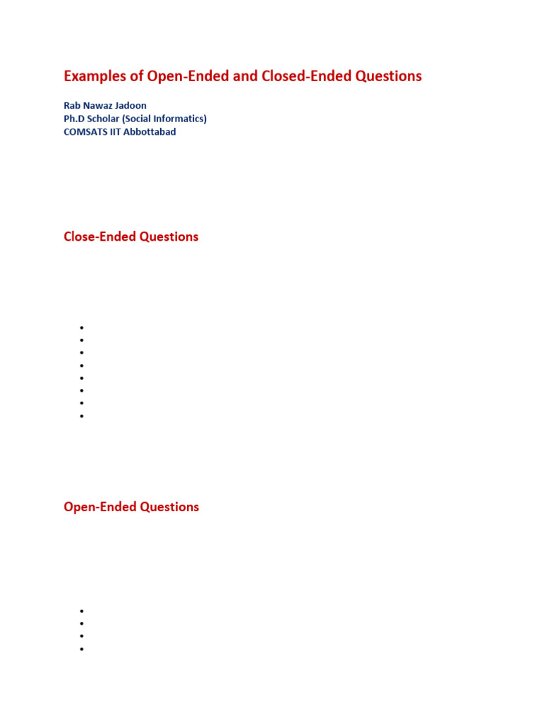 Examples of Open and Close Ended Questions Rab Nawaz Jadoon | PDF ...