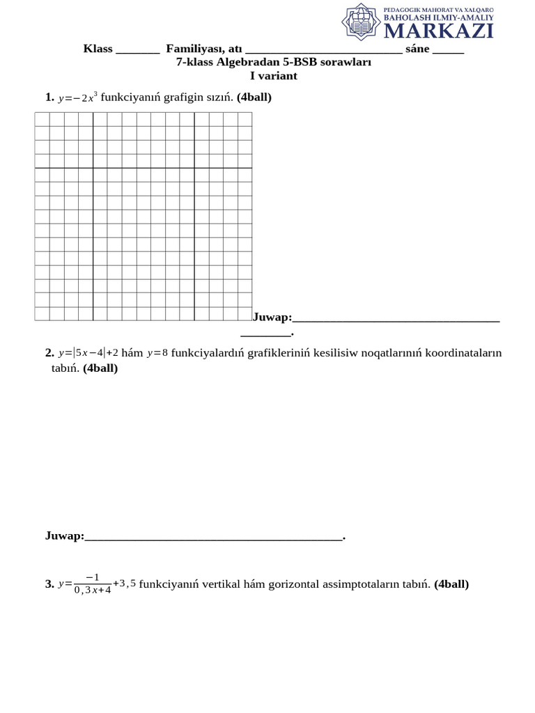 III Chorak 7-Klass Algebra Ixtisos 5 BSB Original I Variant | PDF