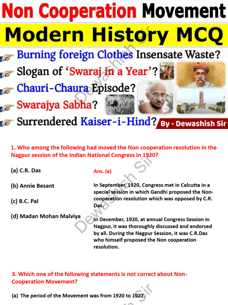 Non Cooperation Movement MCQ. | PDF | Pakistan–United Kingdom Relations ...
