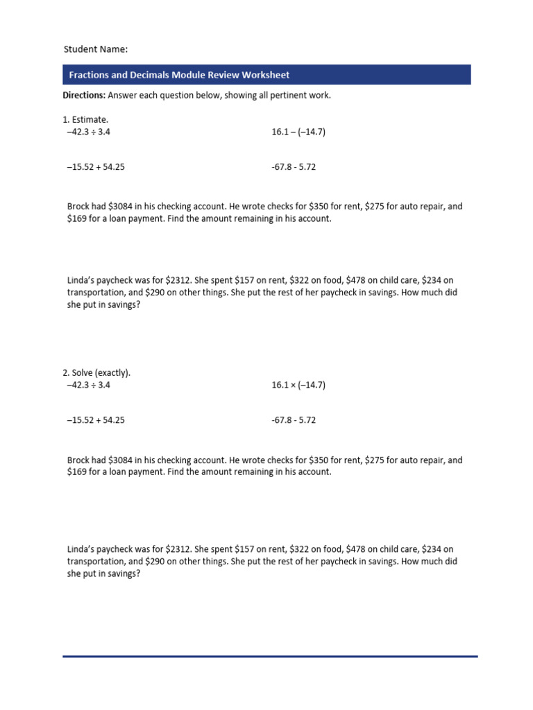 Fractions and Decimals Module Review Worksheet: Student Name | PDF ...