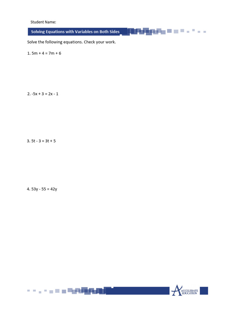 Equations Both Sides Worksheet | PDF