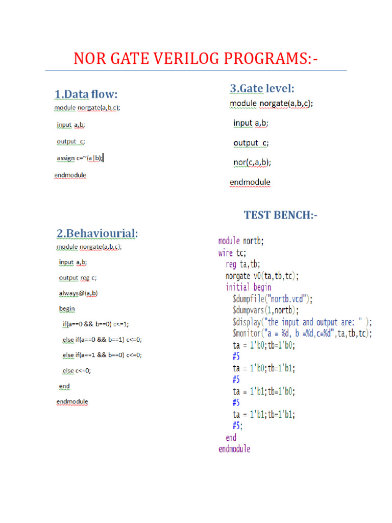 Nor Gate Verilog Programs-2 | PDF