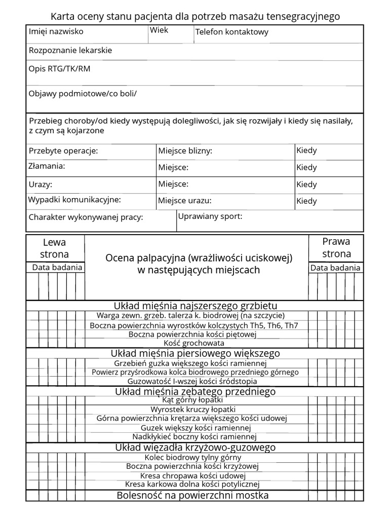 Karta Oceny Stanu Pacjenta Dla Potrzeb Masazu Tensegracyjnego | PDF