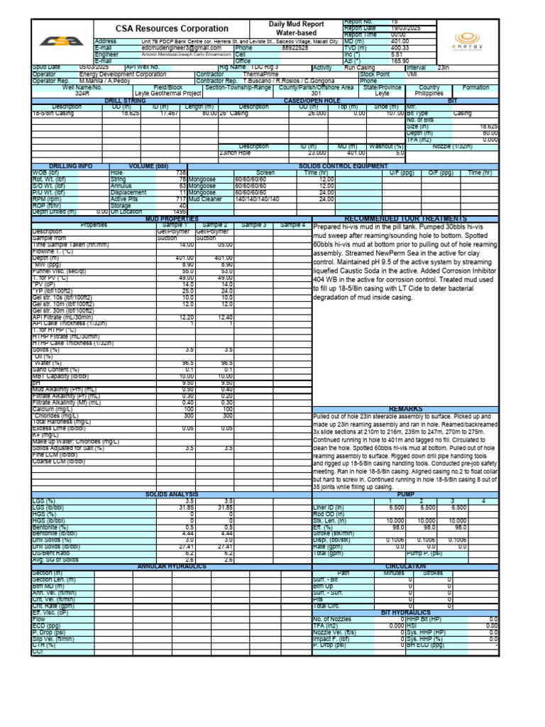 Daily Mud Report for Leyte Project | PDF | Materials | Chemical Substances