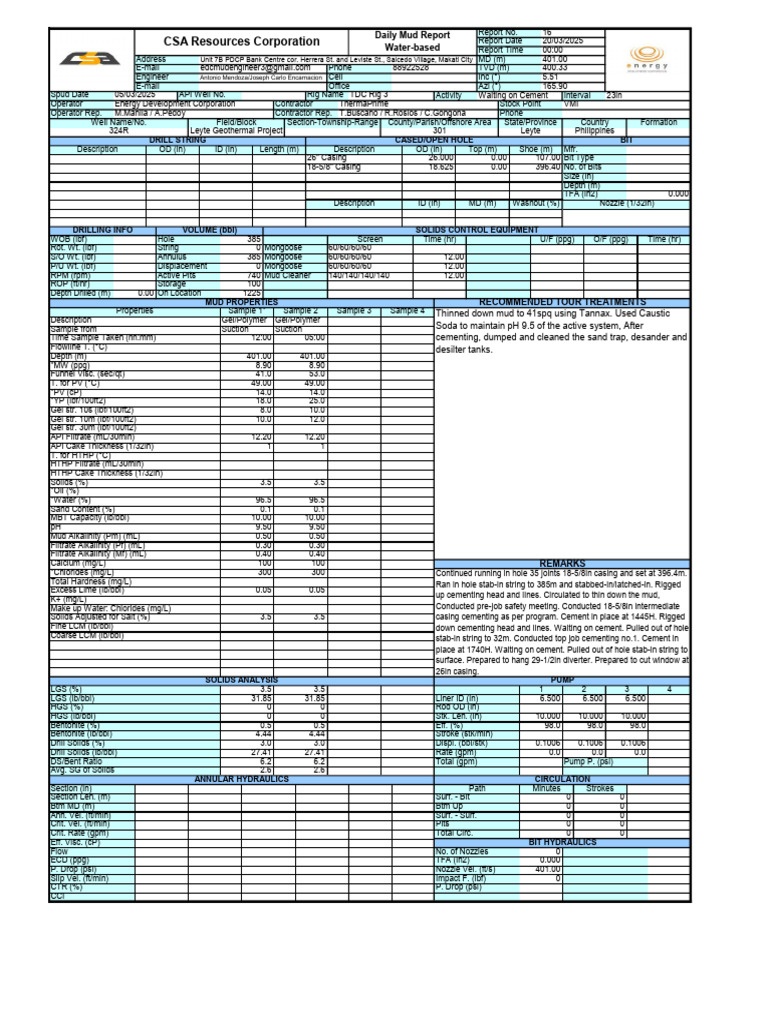 Daily Mud Report for Leyte Geothermal | PDF | Casing (Borehole) | Cement