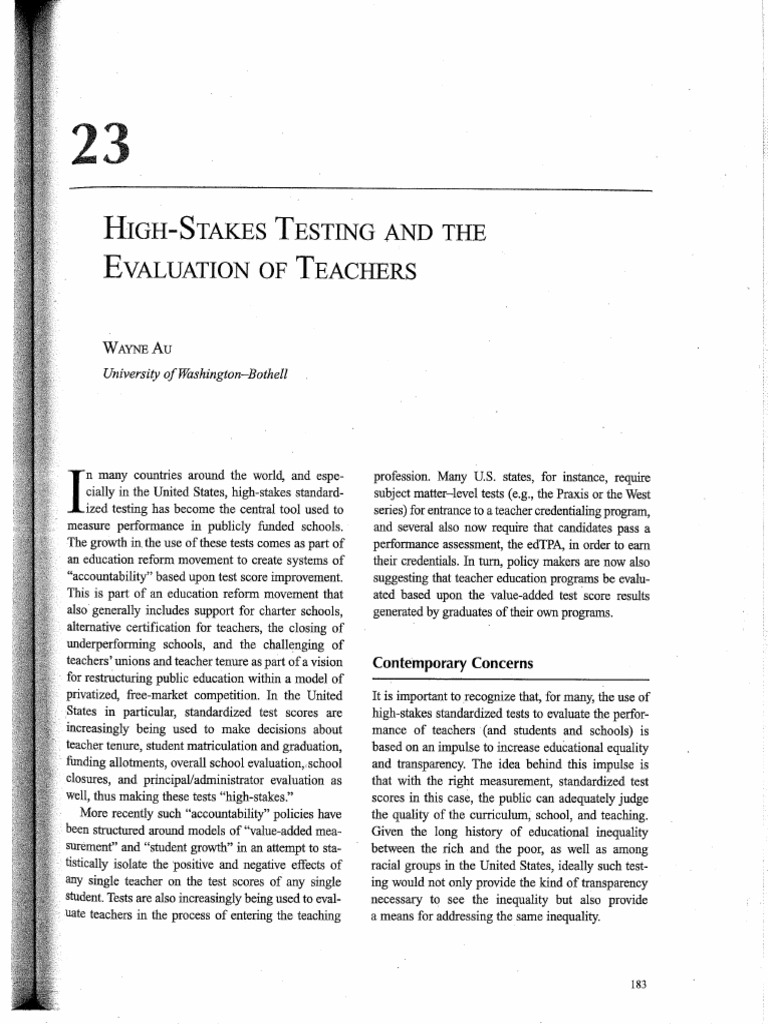 AU, Wayne. High-Stakes Testing and The Evaluation of Teachers | PDF