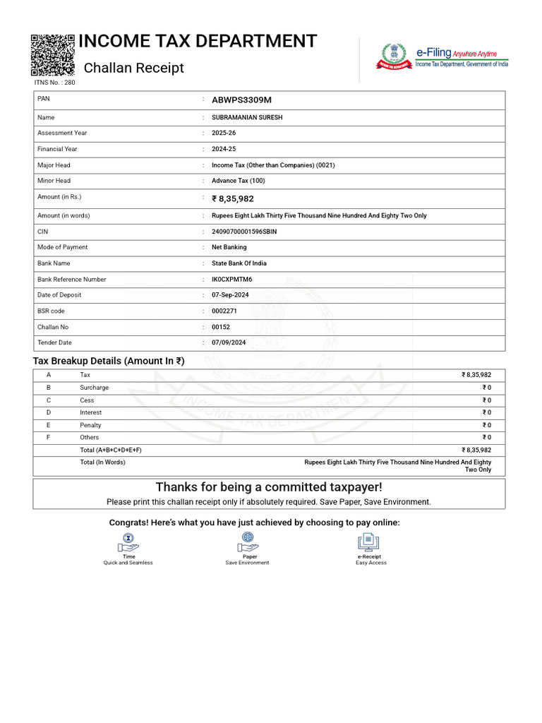 Income Tax Challan Receipt ITNS 280 | PDF | Taxes | Government Finances