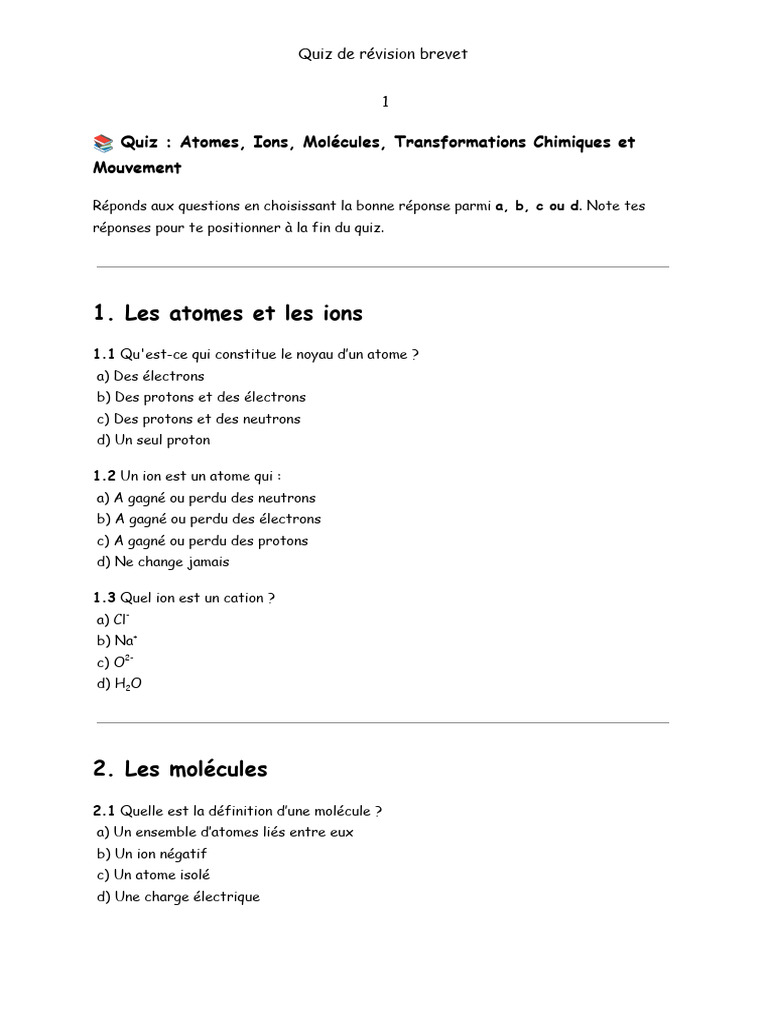 Quiz de révision brevet : Chimie et Mouvement | PDF | Atomes | Proton