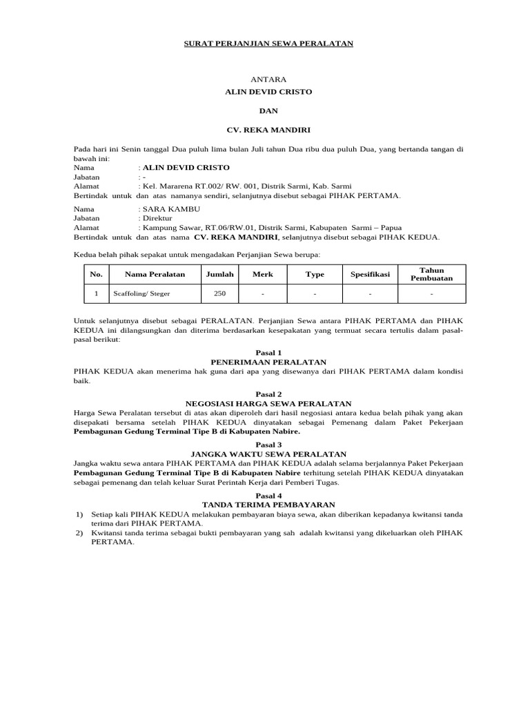 Perjanjian Sewa Steger Mobil | PDF