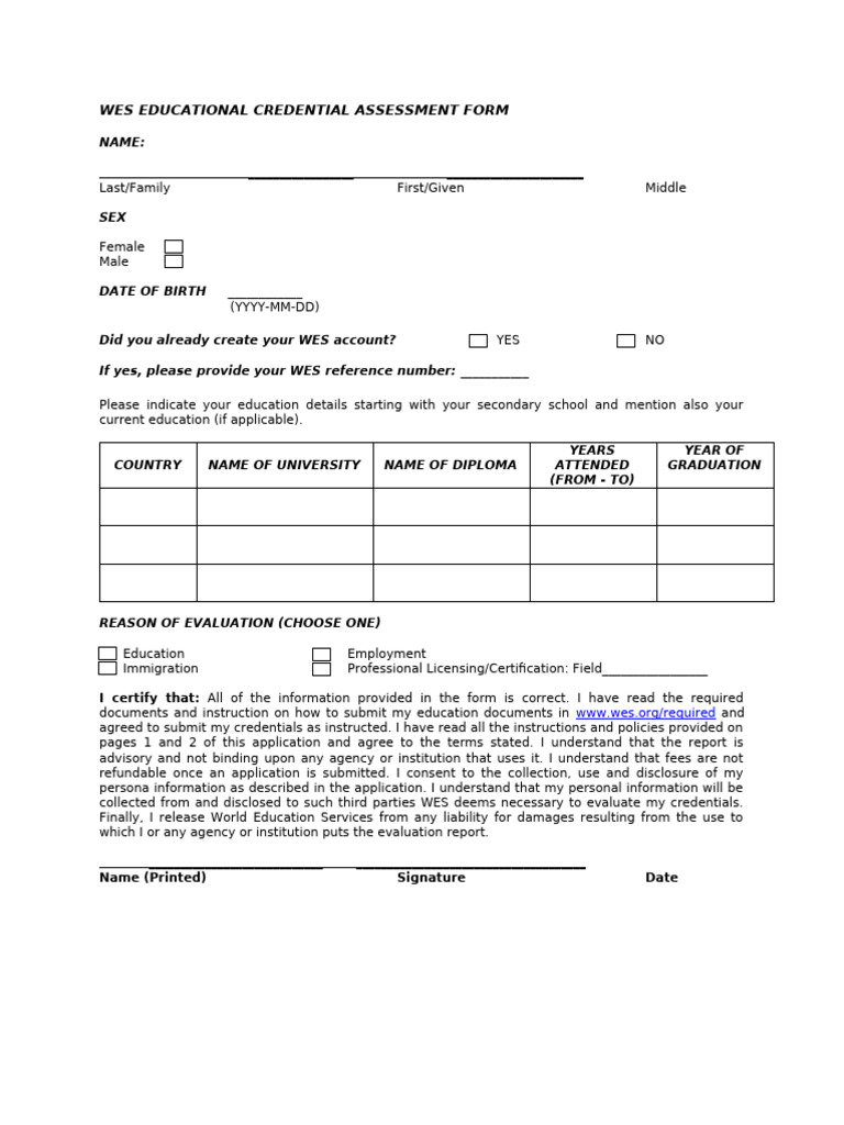 WES Educational Credential Assessment Form | PDF