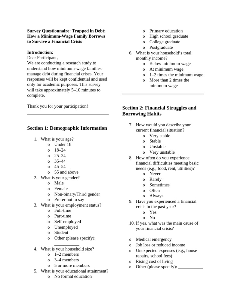 Trapped in Debt_Final Questionnaire | PDF | Cost Of Living | Loans