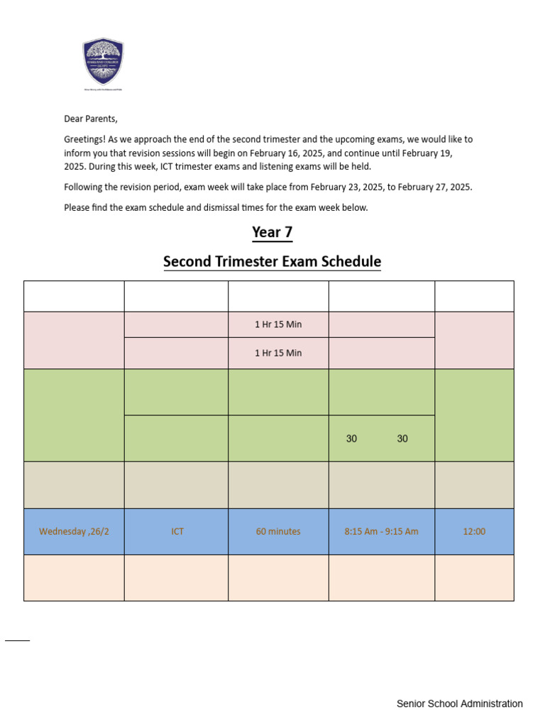 Year 7 Exam Schedule - PDF 1029650270 | PDF