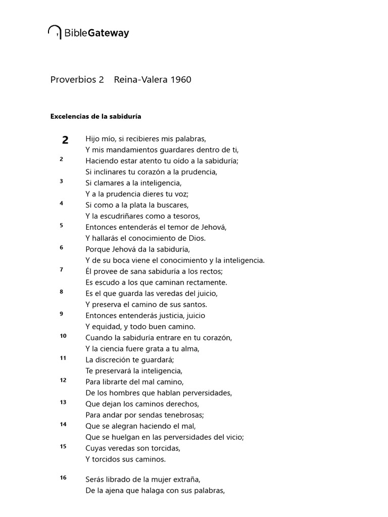 Proverbios 2 RVR1960 - Excelencias de La Sabiduría | PDF