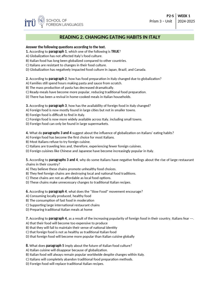 Prism 3 Unit 1 Text 2 - Changing Eating Habits in Italy | PDF | Italian ...