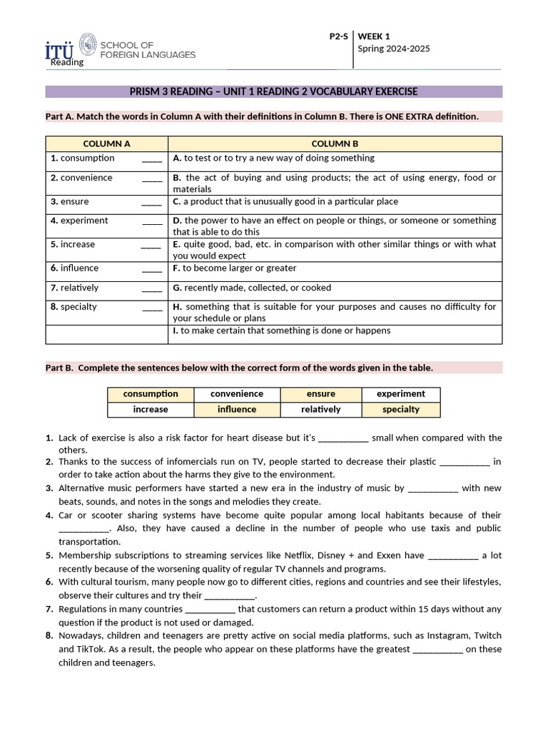 Vocabulary Exercise for PRISM 3 Reading | PDF