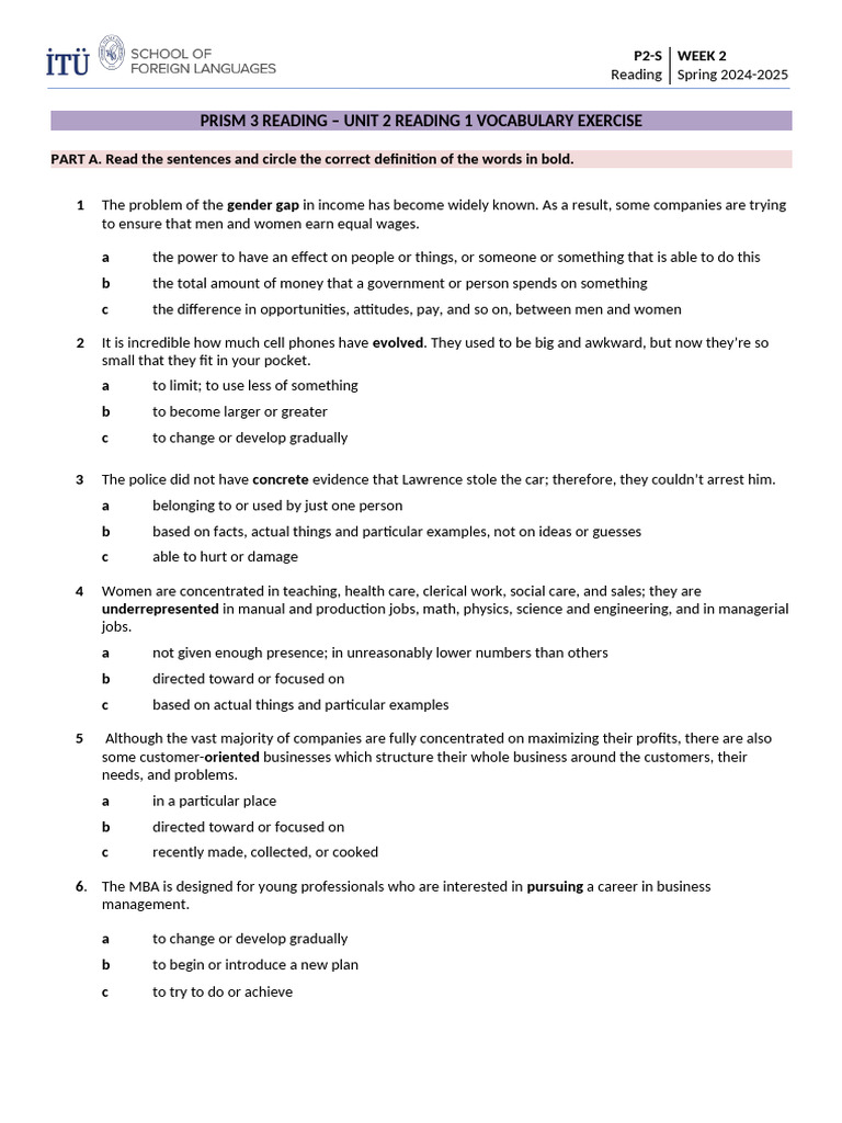 Prism 3 Reading - Unit 2 R1 Vocabulary Exercise (Instructor's Copy) | PDF | Economies