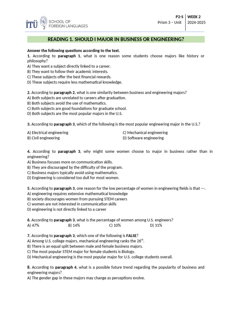 Prism 3 Unit 2 Text 1 - Should I Major in Business or Engineering | PDF | Engineering