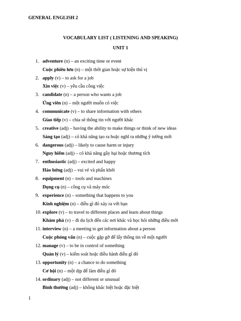 Vocabulary List and Grammar General English 4 | PDF