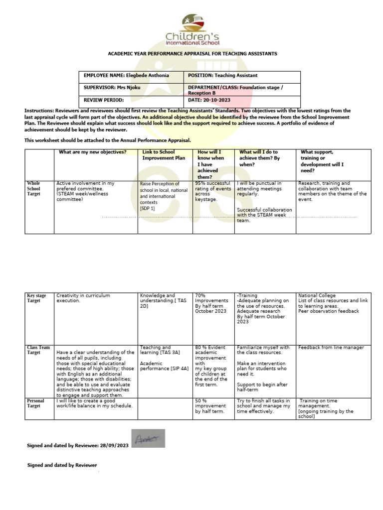 Anthonia Elegbede's Performance Appraisal for Teaching Assistants 2023 ...