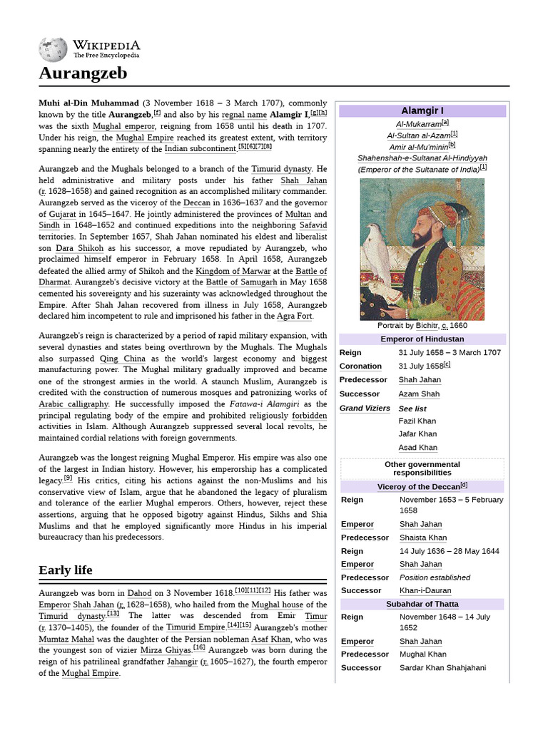 Aurangzeb | PDF | Mughal Empire