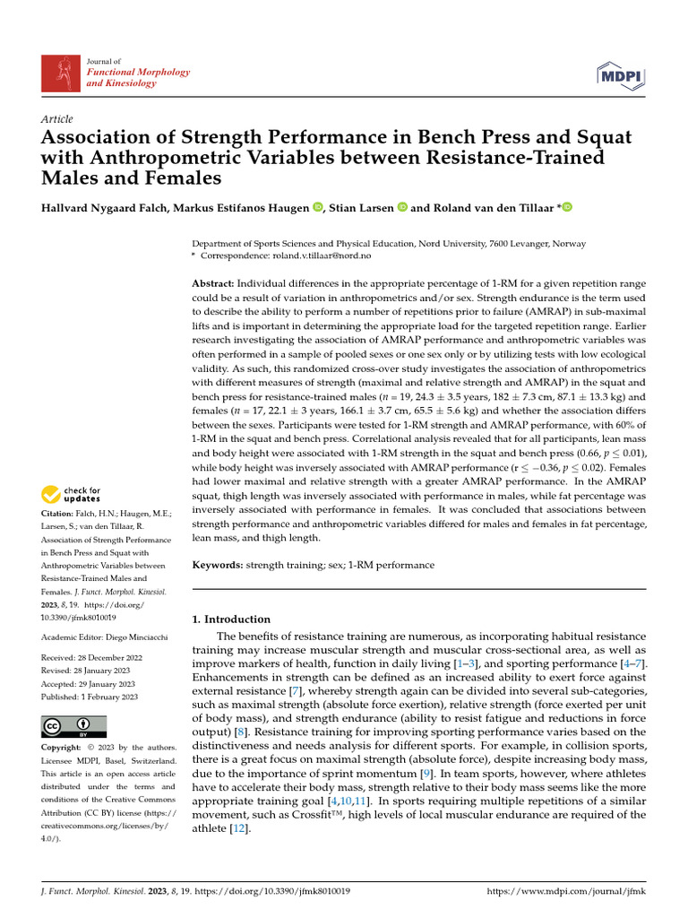 Association of Strength Performance in Bench Press and Squat With ...