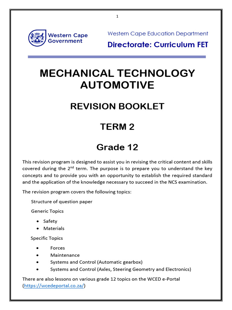 Grade 12 Mechanical Technology Automotive Revision Pack Term 2 | PDF ...