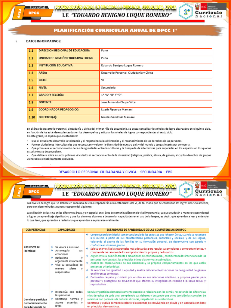 1° Sec. Plan Anual DPCC Eduardo Benigno Luque Romero | PDF | Ciudadanía ...