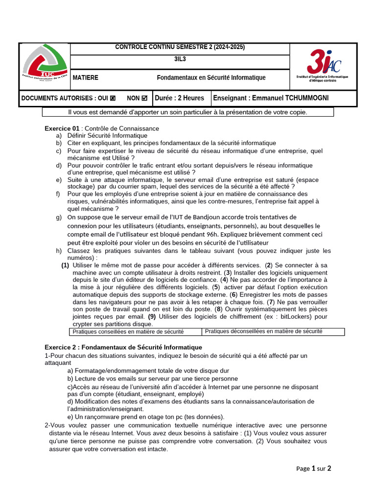Contrôle Continu Sécurité Informatique 2024 | PDF | Informatique ...