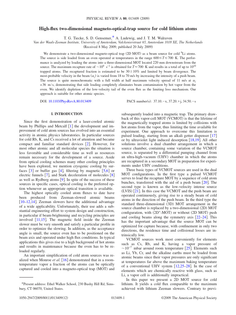 2D Magneto-Optical Trap for Cold Lithium | PDF | Laser | Physical Chemistry