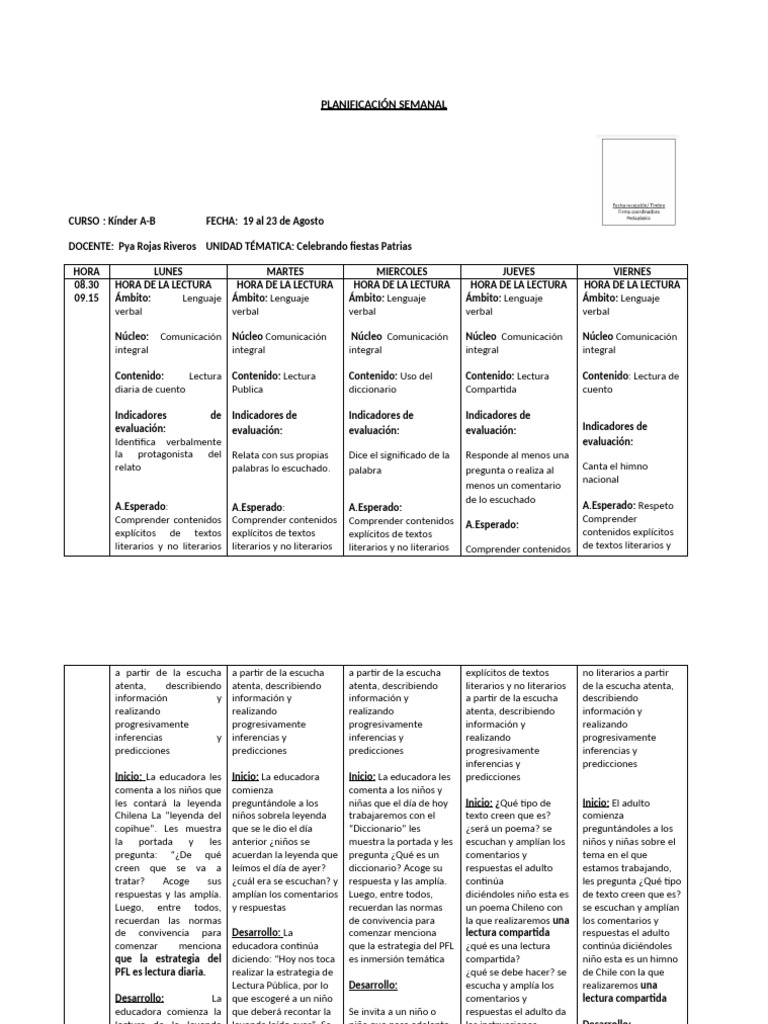 Planificación Semanal Kínder A-B | PDF | Sílaba | Comunicación