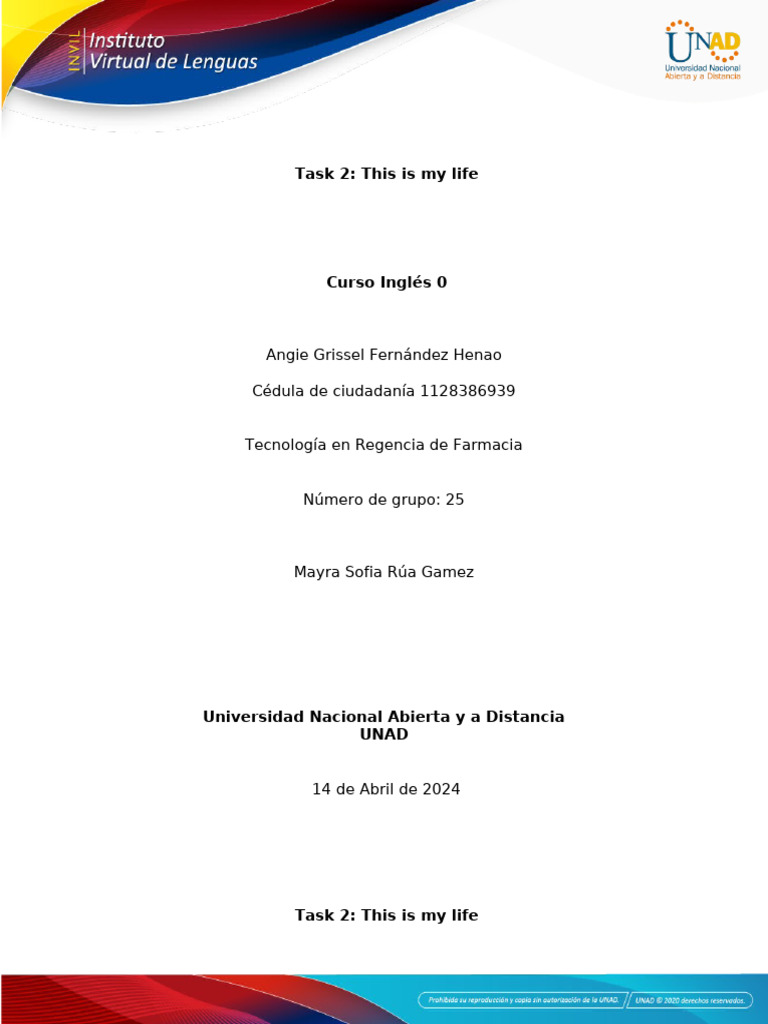 Task 2 - This Is My Life - Angie Grissel Fernández Henao - Grupo 25 | PDF