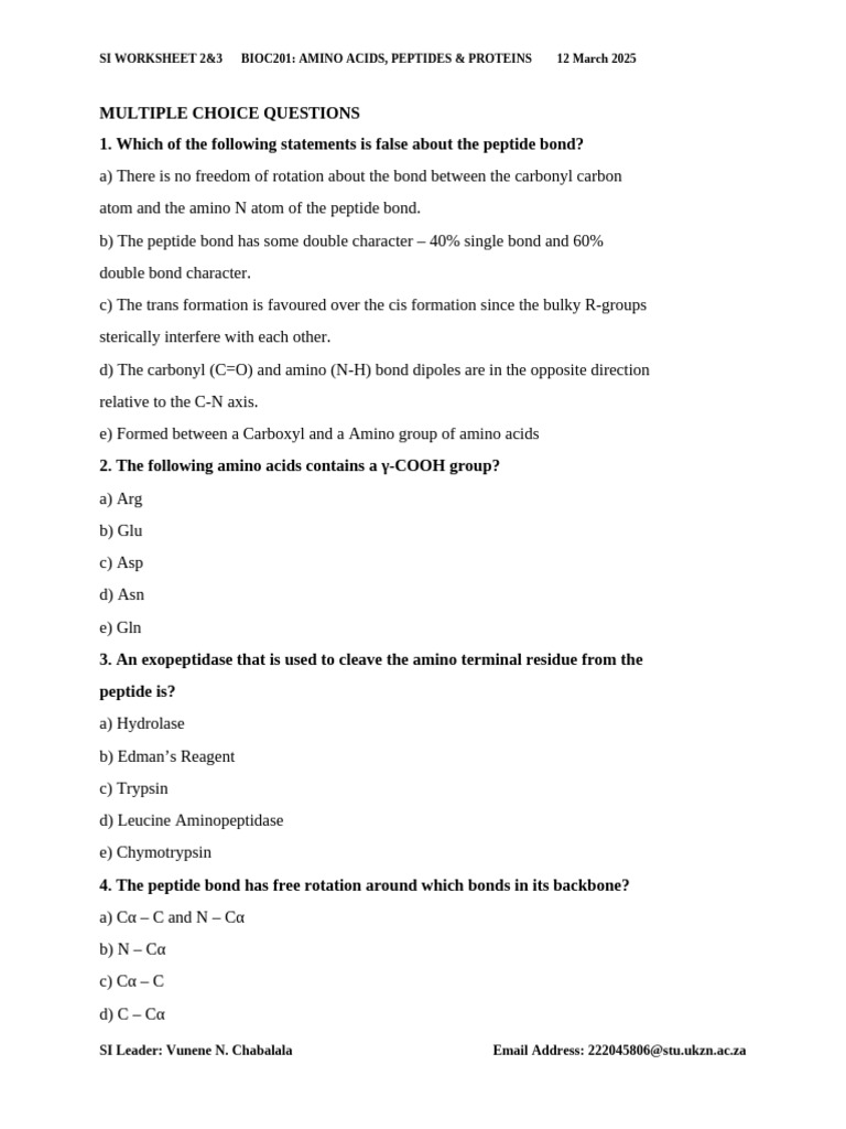 Bioc201 Worksheet 2 & 3 (Vunene) | PDF | Amino Acid | Structural Biology