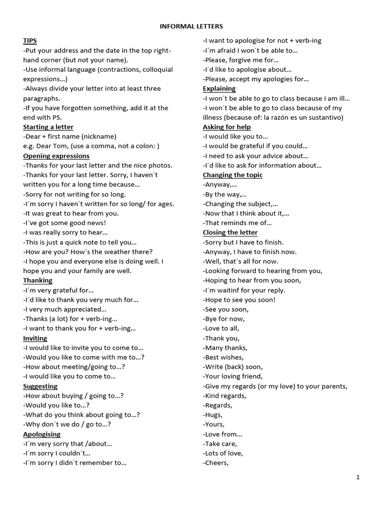 How to write informal letters and emails. Structure and useful ...