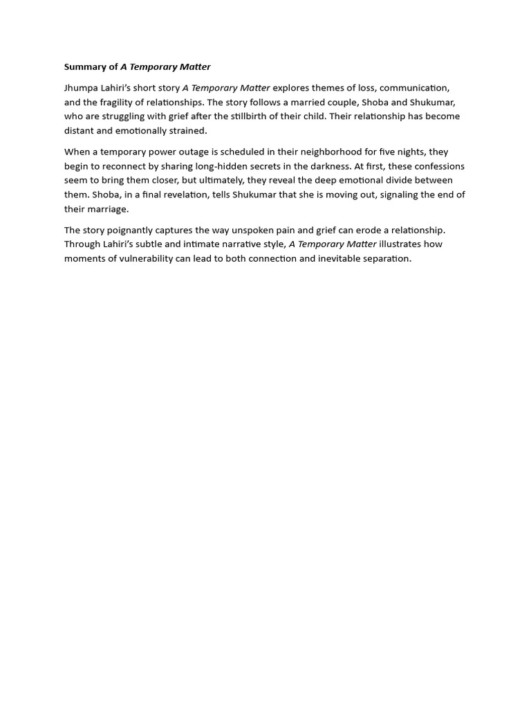 Summary of A Temporary Matter | PDF