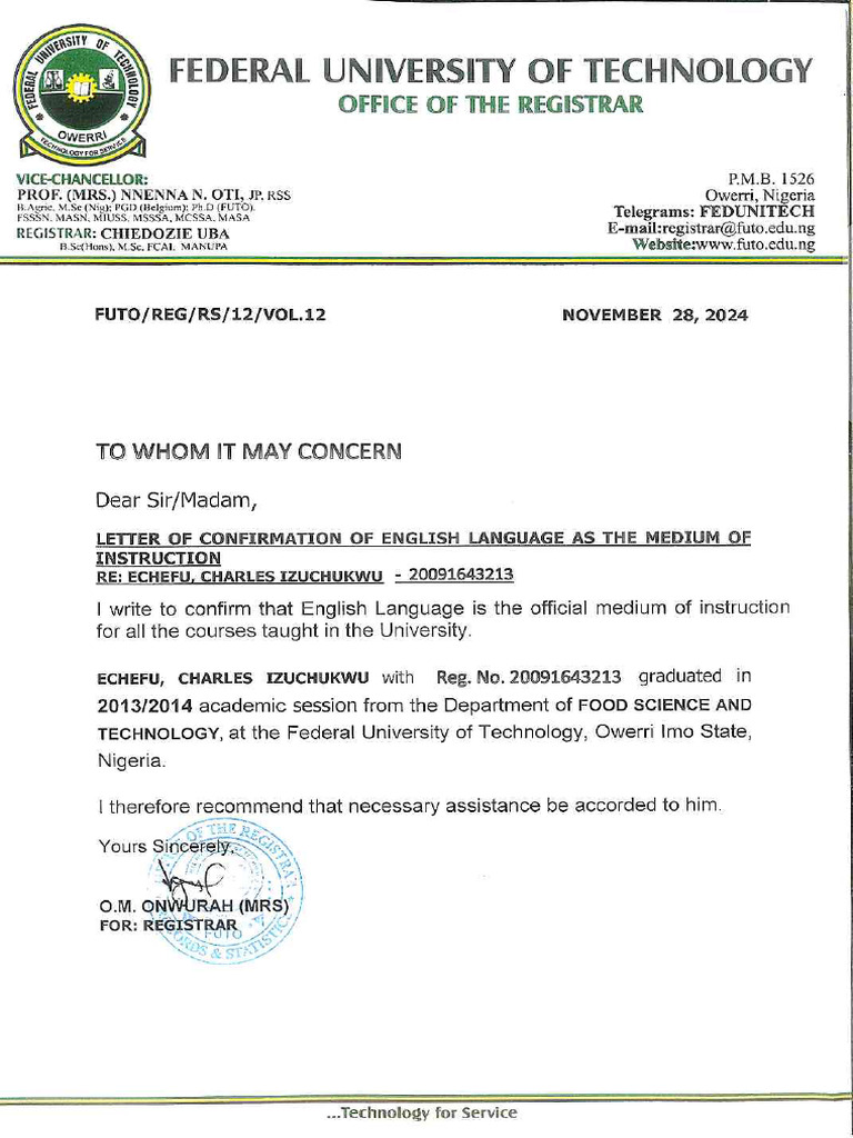 Echefu Charles FUTO Letter of English Proficiency | PDF