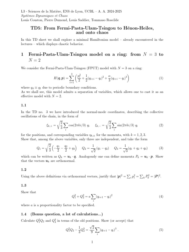 Exploring Chaos in FPUT and Hénon-Heiles Models | PDF | Hamiltonian ...