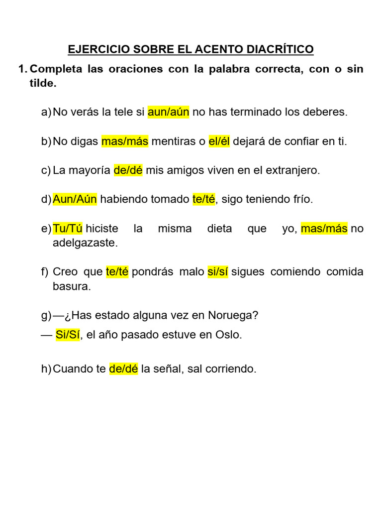 Ejercicio Sobre El Acento Diacrítico | PDF
