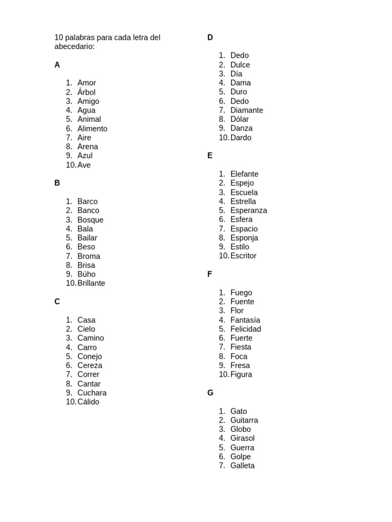 10 Palabras Con El Abecedario | PDF