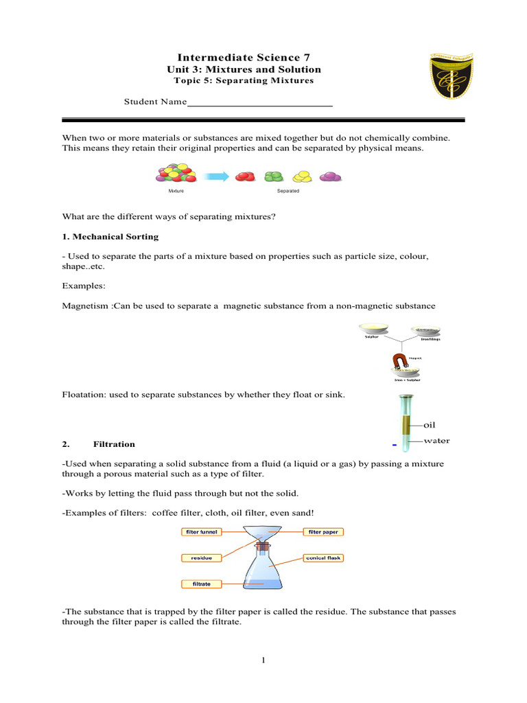 Mixtures Worksheet 5 Separating Mixtures | PDF | Mixture | Filtration