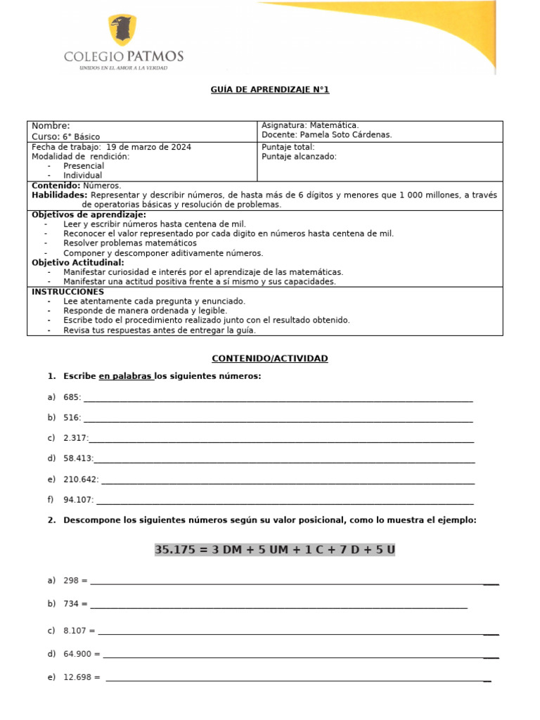 Guía1 U0 Sexto | PDF | Aprendizaje | Matemáticas