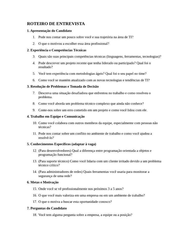 ROTEIRO DE ENTREVISTA | PDF