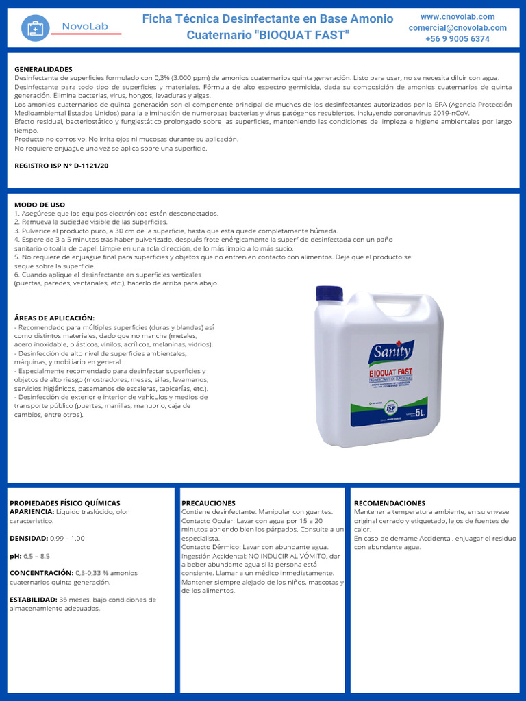 Ficha Técnica Desinfectante Amonio Cuaternario BIOQUAT FAST | PDF | Agua