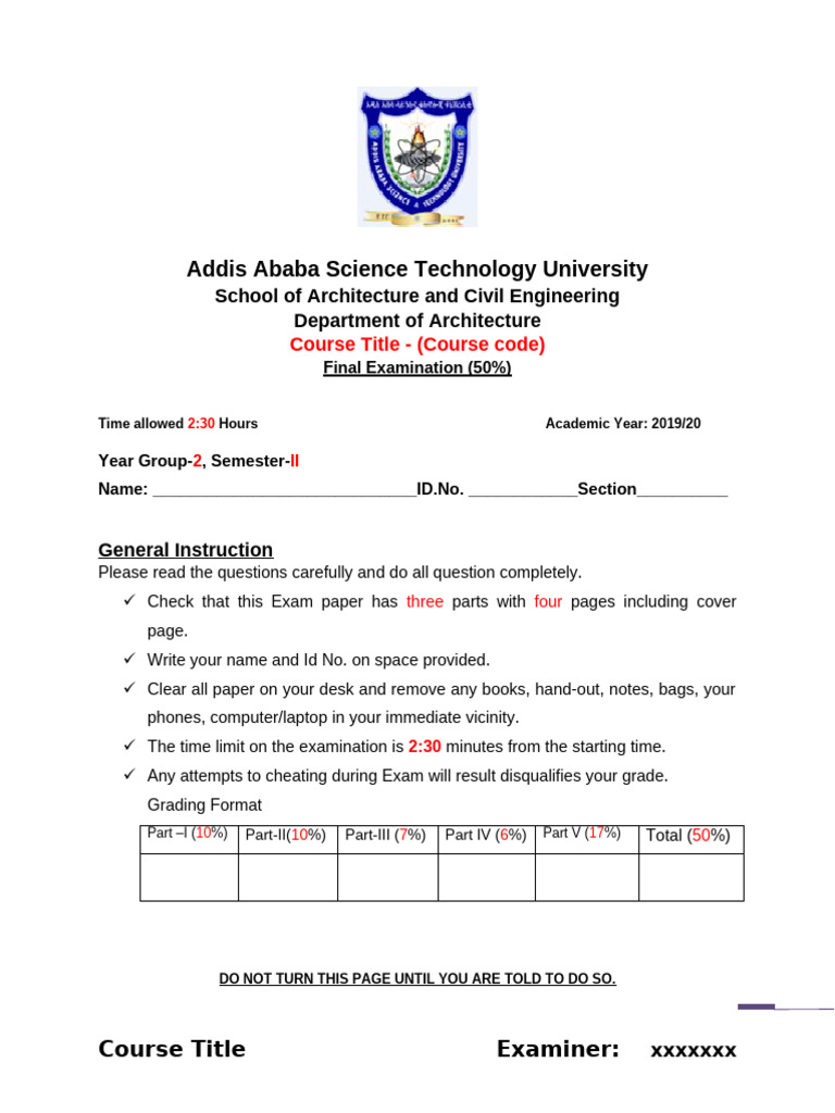 Exam Cover Page and Parts To Incorporated | PDF