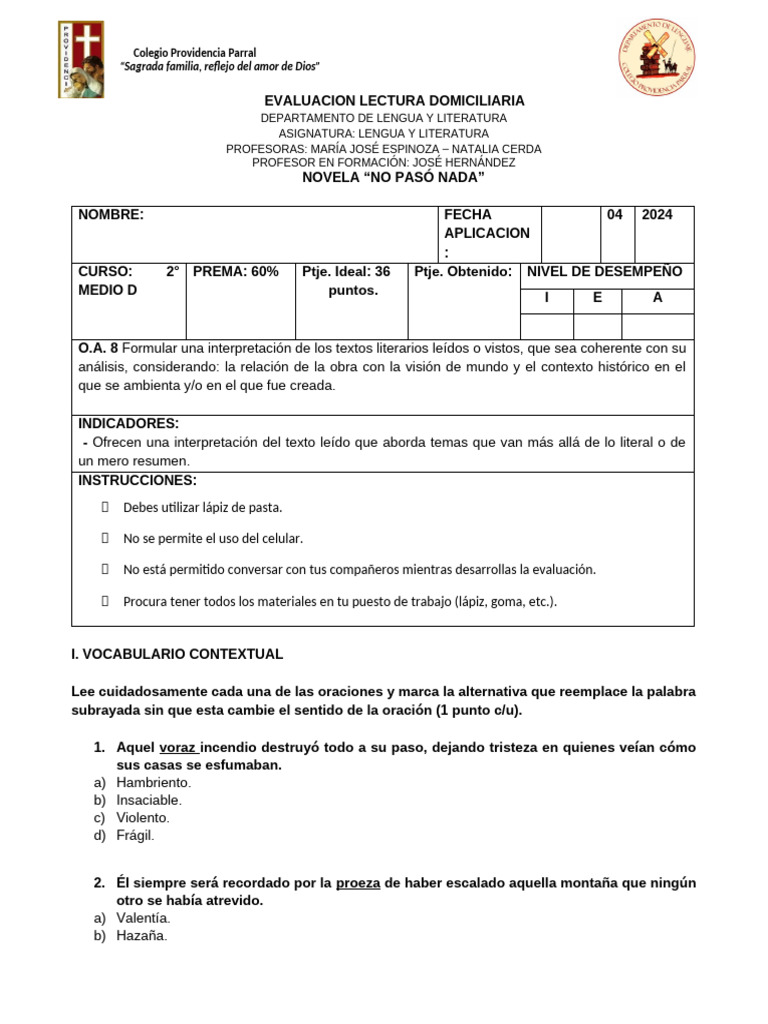 Evaluación de "No Pasó Nada" | PDF | Autor | Amor