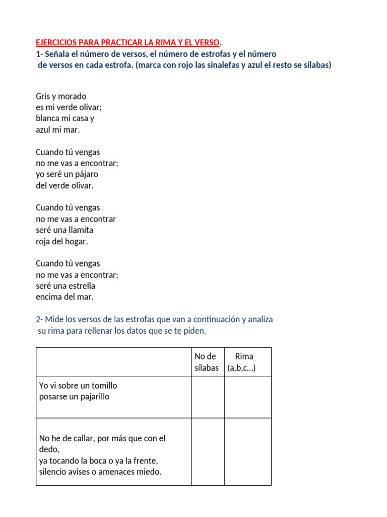 Ejercicios para Practicar La Rima y El Verso | PDF | Rima | Recursos poéticos