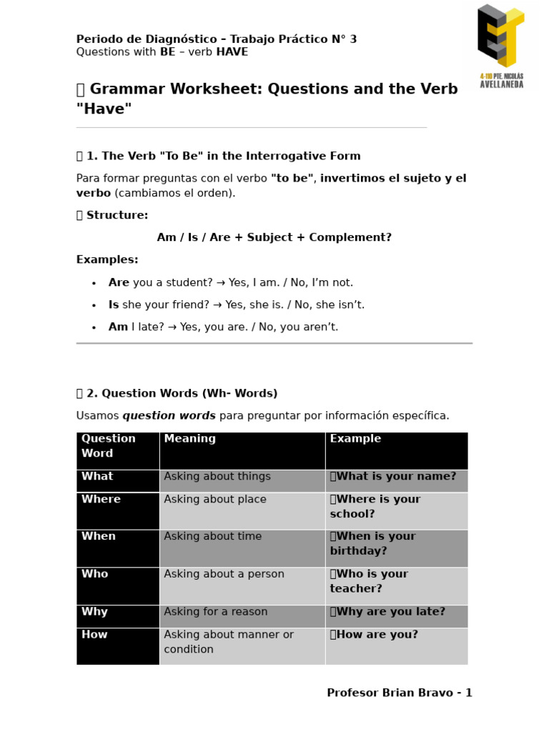 Questions with "To Be" and "Have" Worksheet | PDF | Question ...