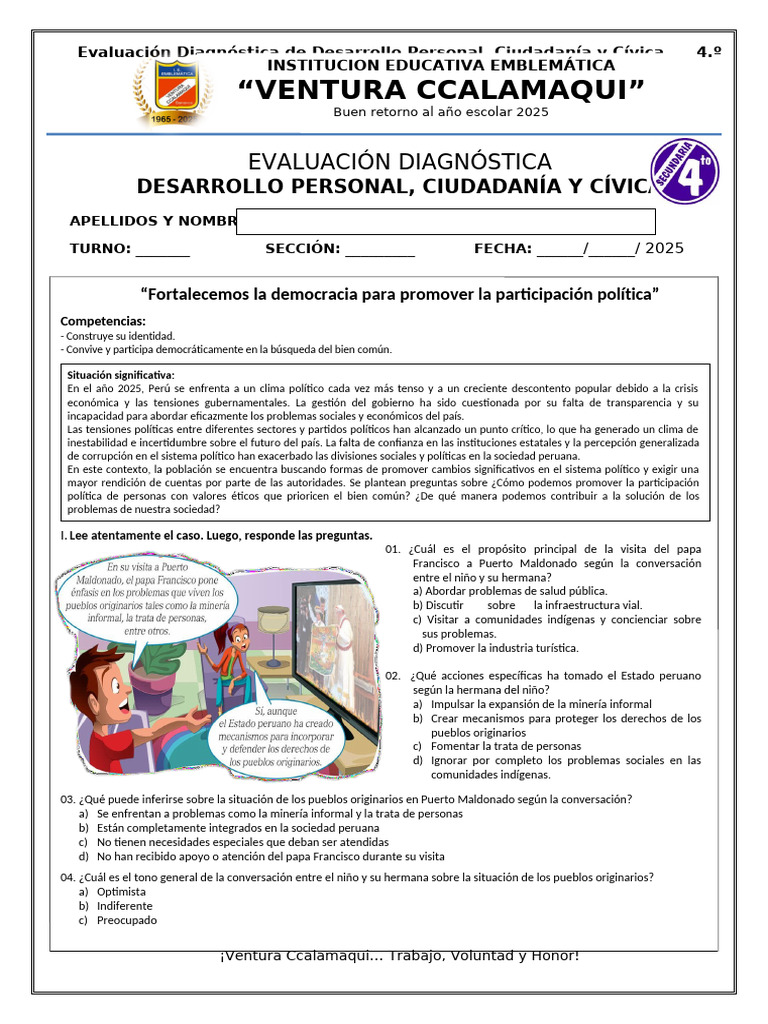 Eval. Diagnóstica DPCC 4°-2025 | PDF | Moralidad | Democracia