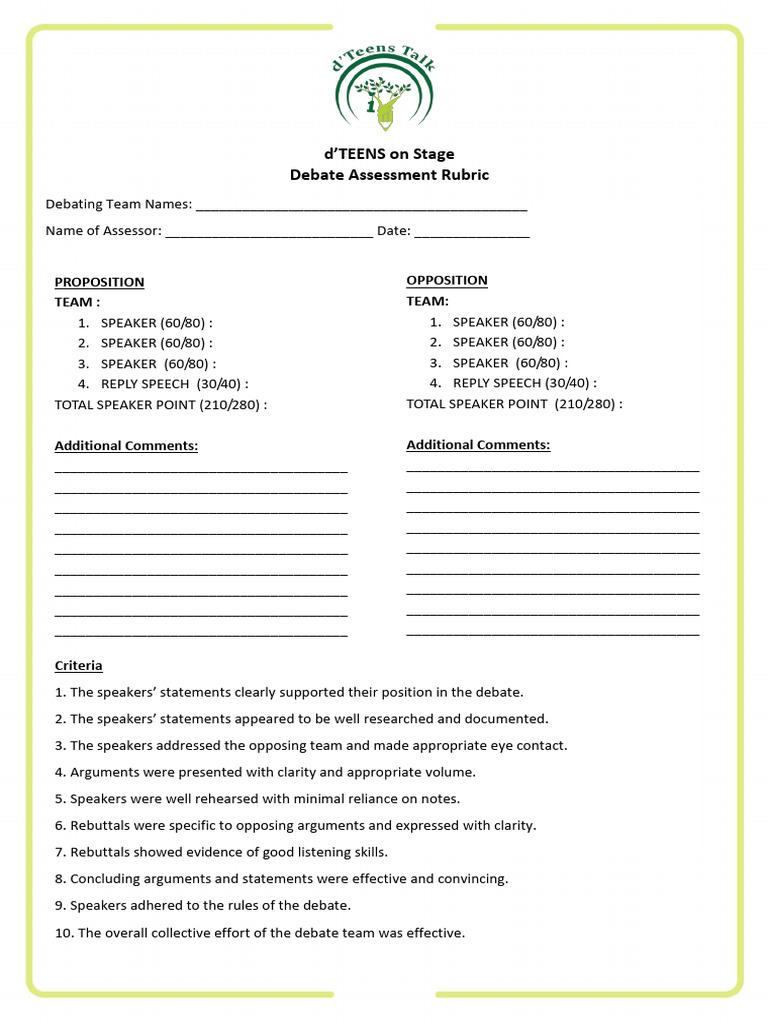 Debate Assessment Rubric | PDF