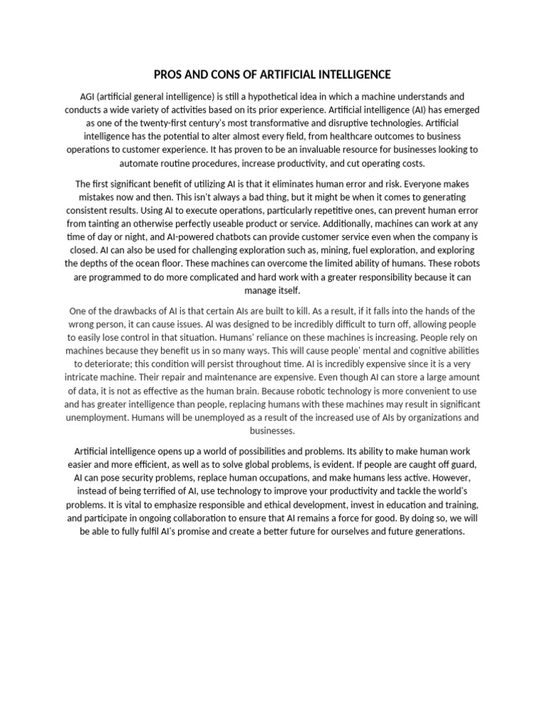 Pros and Cons of Artificial Intelligence | PDF | Artificial ...